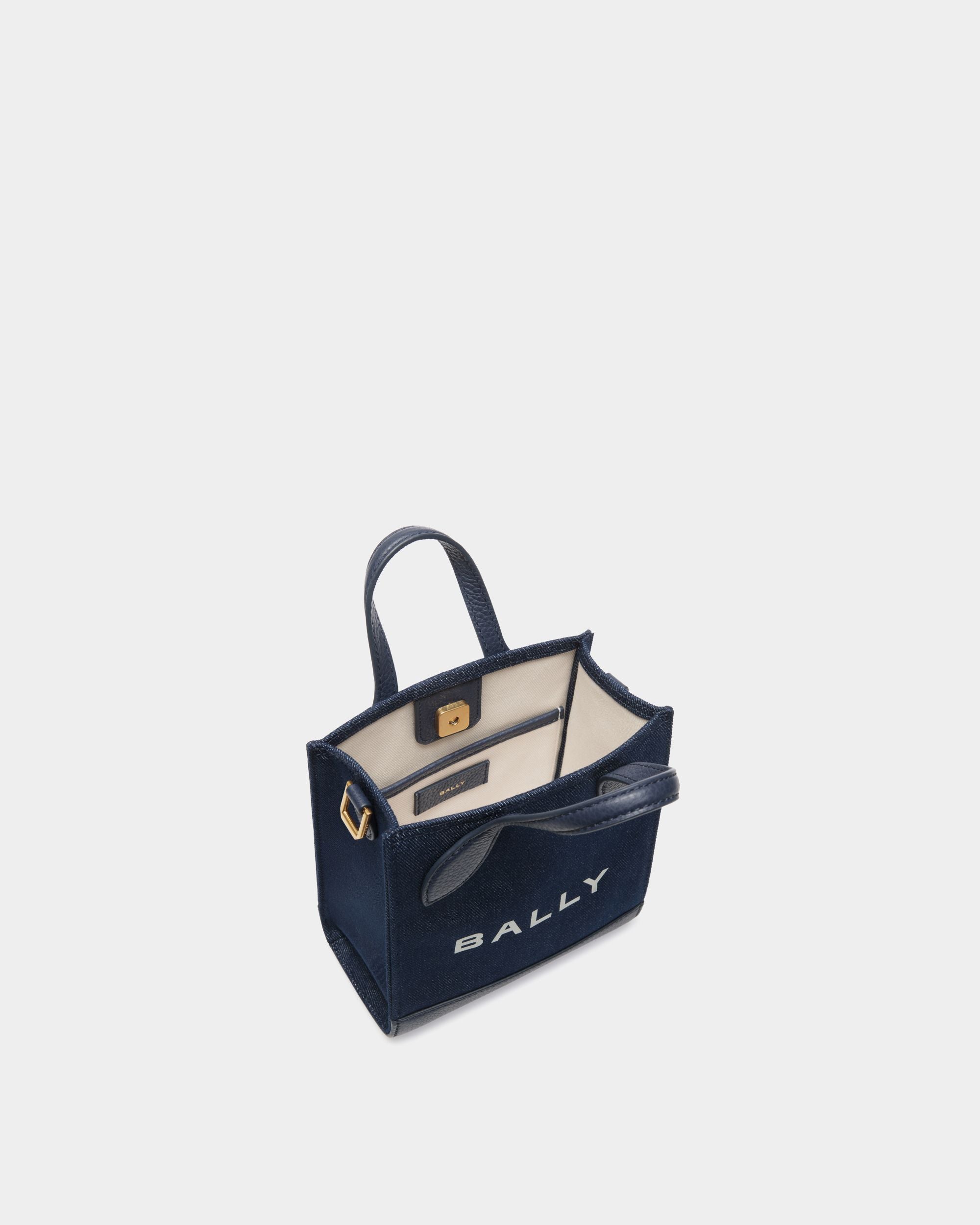 Women's Bar Mini Tote Bag in Navy Blue Fabric And Leather | Bally